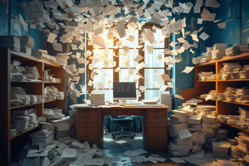 Messy Office Environment with Documents Flying in Disarray Stock ...