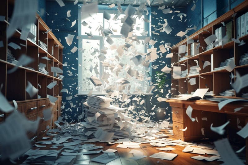 Messy Office Environment with Documents Flying in Disarray Stock ...