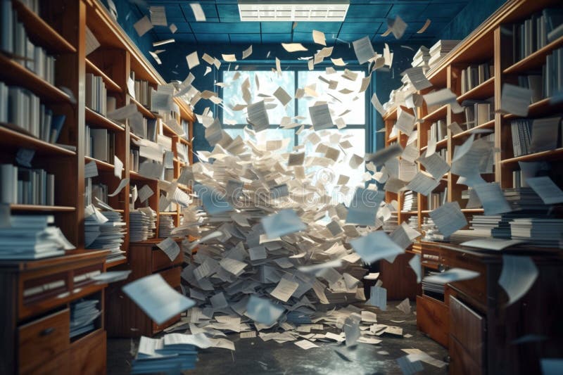 Messy Office Environment with Documents Flying in Disarray Stock ...