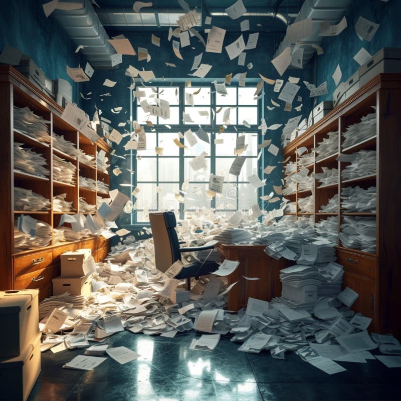 Messy Office Environment with Documents Flying in Disarray Stock ...