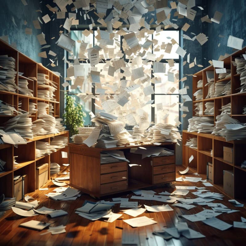 Messy Office Environment with Documents Flying in Disarray Stock ...