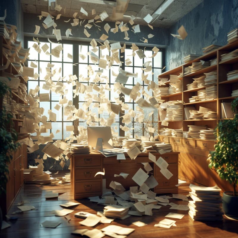 Messy Office Environment with Documents Flying in Disarray Stock ...