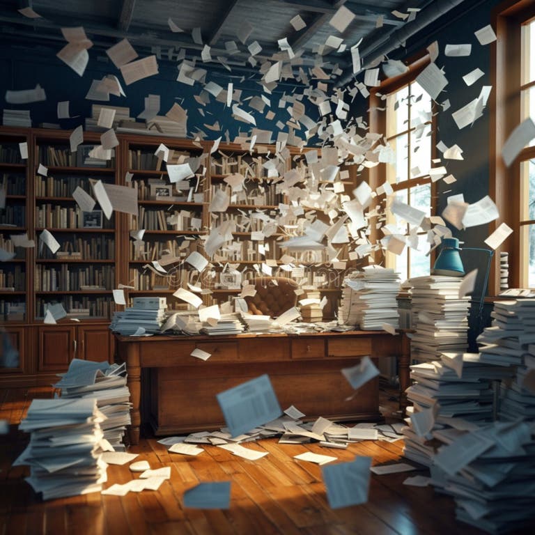 Messy Office Environment with Documents Flying in Disarray Stock ...