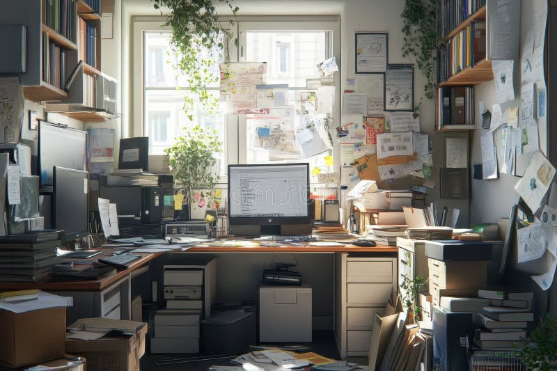 A Messy Office Space with a Computer, Books, and Papers Stock ...