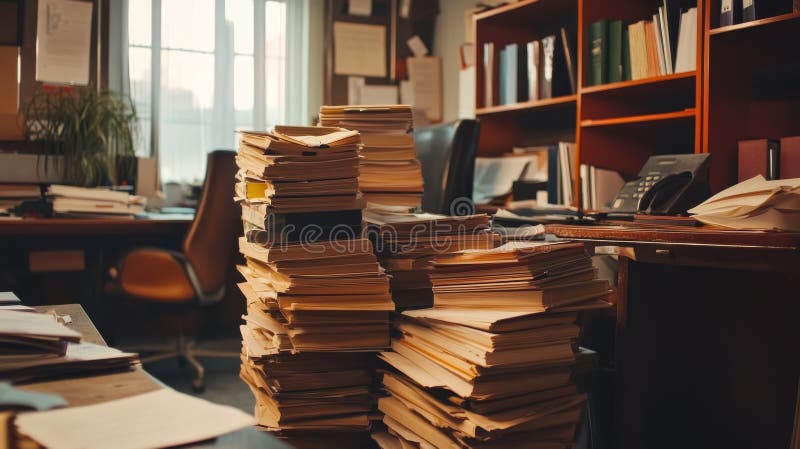 Messy Office with Stacks of Paper and Documents in Warm Light Stock ...