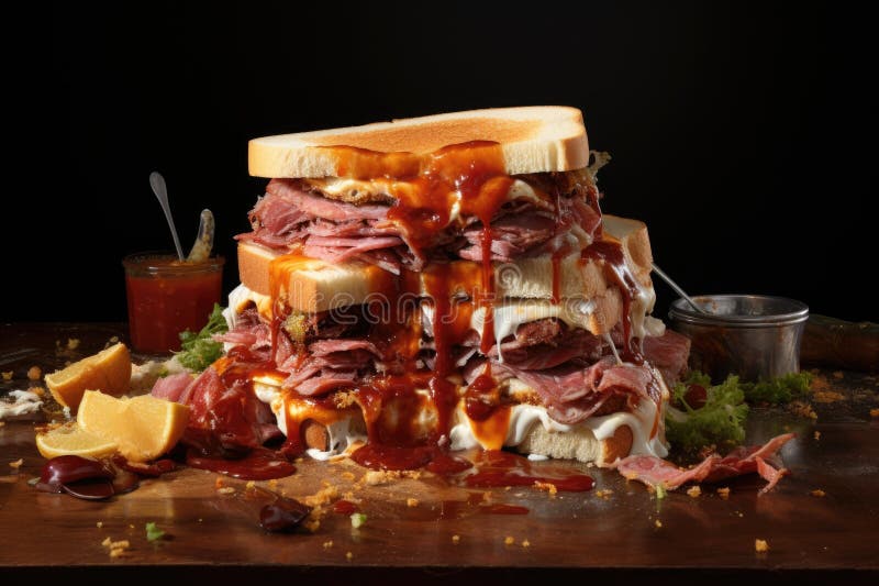 A Messy, Overflowing Sandwich with Sauce Dripping Stock Photo - Image ...