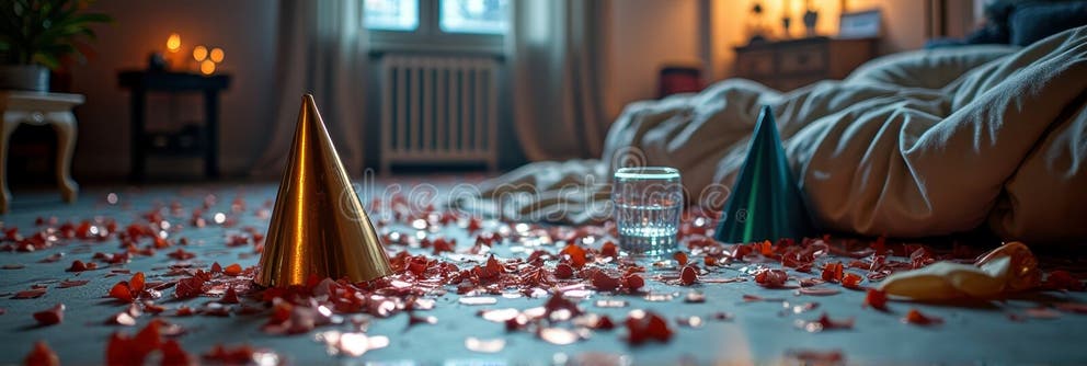 Messy Party Aftermath in Cozy Bedroom with Confetti and Party Hats ...