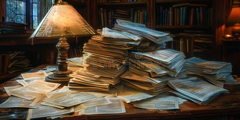 Messy Pile of Papers Rests on a Table Illuminated by a Lamp, Creating a ...