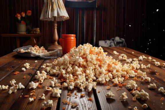 Messy Popcorn Scattered on a Wooden Table Stock Illustration ...