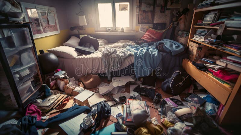 A Messy Bedroom with a Messy Bed and Clutter on the Floor. AI ...