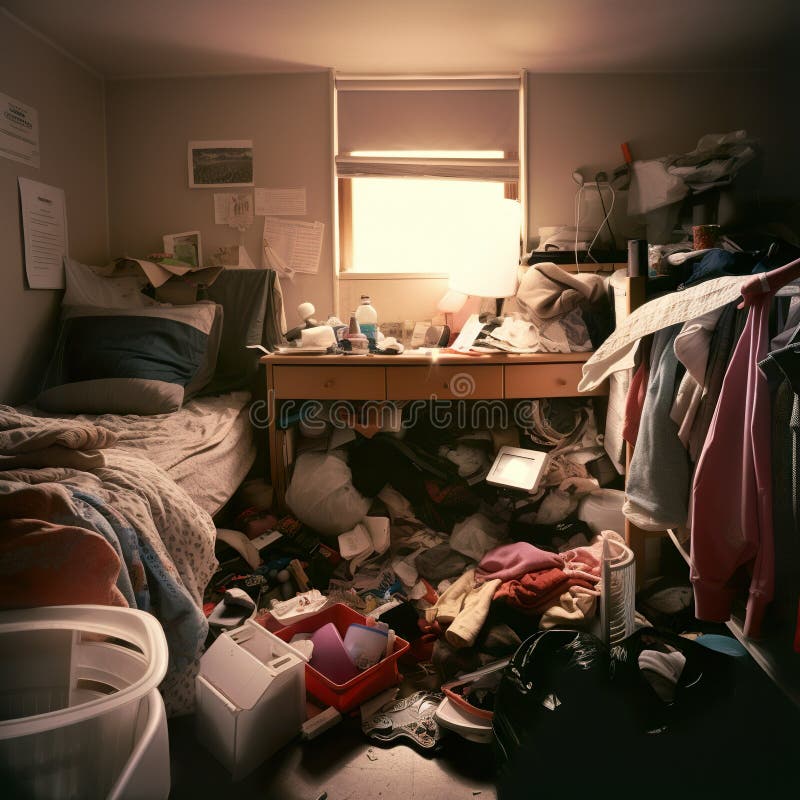A Messy Bedroom with a Messy Bed and Desk. AI Generative Image Stock ...