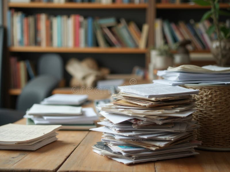Messy Stack of Papers on a Wooden Table with Shelves of Books in a ...