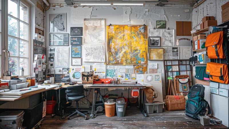 A Messy Studio with a Yellow Poster on the Wall Stock Photo - Image of ...