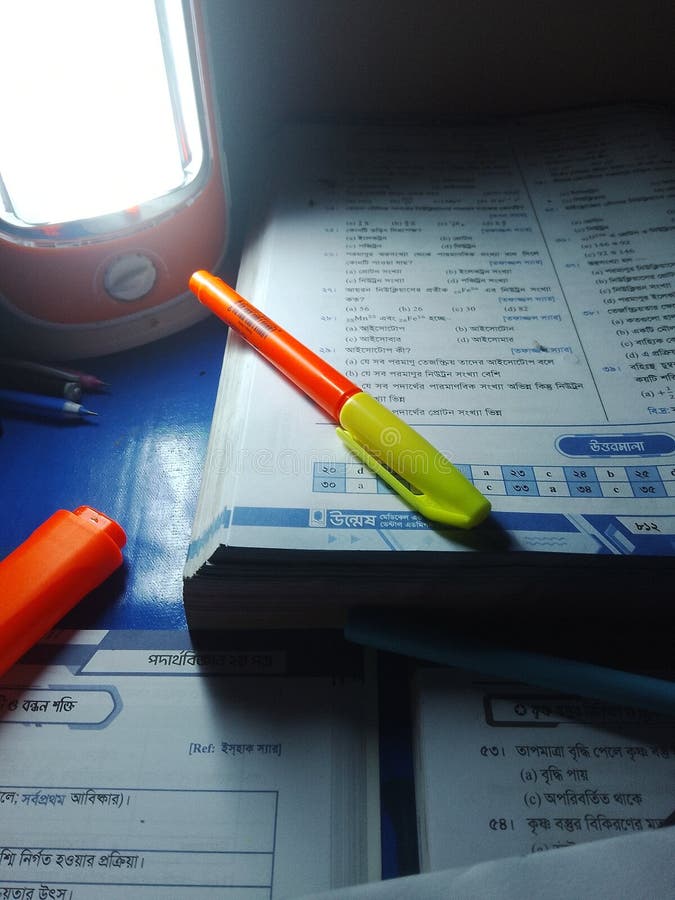 Messy Study Table with Books, Color Pens, Light and Calculator Stock ...
