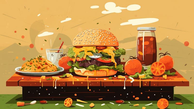 Messy Table with Burger and Fast Food Illustration AI Generated Stock ...