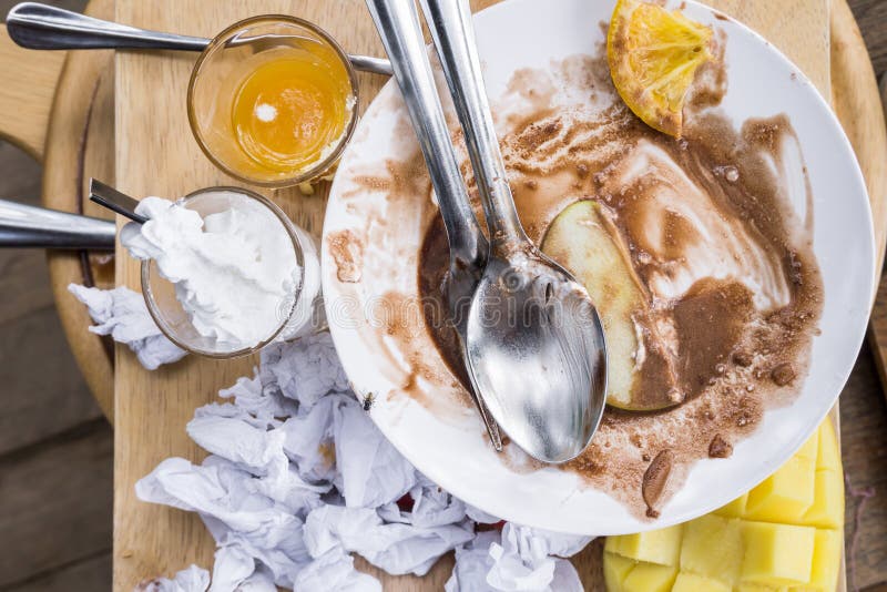 Messy Table after Eating Dessert on the Wooden Table Stock Image ...