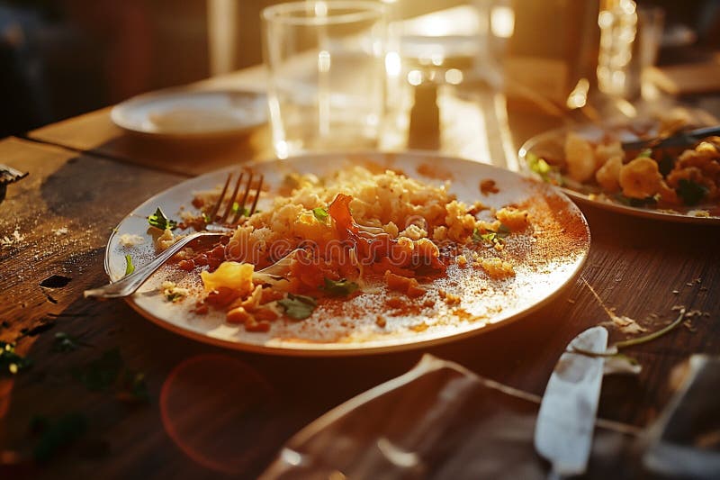 Messy Table with Half Eaten Food, AI-generated. Stock Image - Image of ...