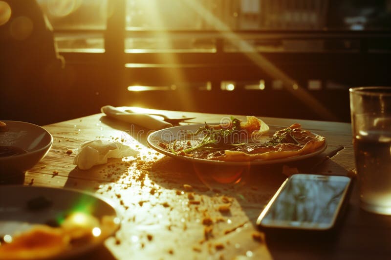 Messy Table with Half-eaten Food and a Smartphone, AI-generated. Stock ...
