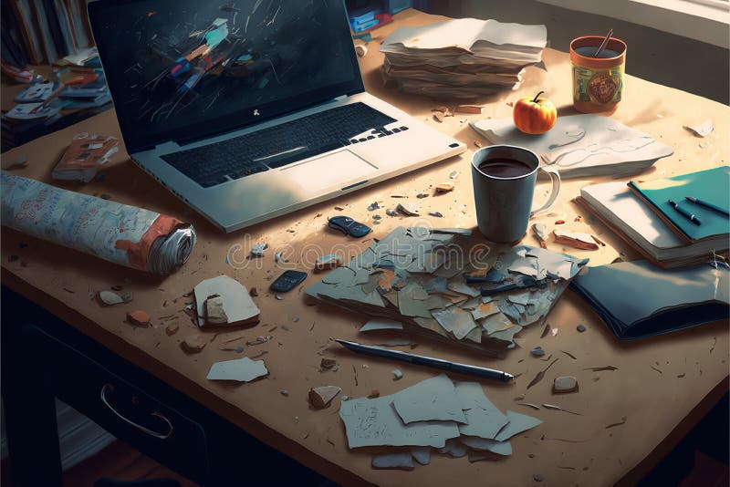 Messy Table with Laptop,total Chaos Stock Illustration - Illustration ...