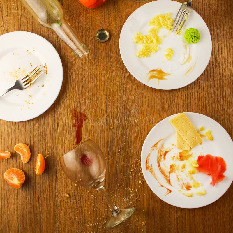Messy Table after Party. Leftover Food, Spilled Drinks Stock Photo ...