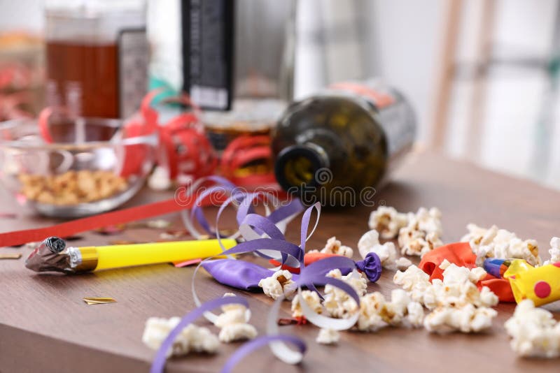 Messy Table with Popcorn and Streamers after Party, Closeup Stock Image ...