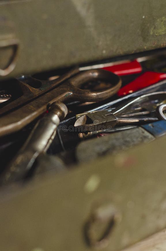 A Messy Toolbox Drawer in the Old Shop Stock Image - Image of metal ...