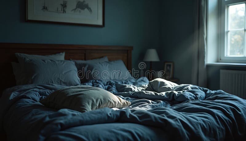 Messy Unmade Bed in Bedroom with Blue Wall in Morning Light. Sunlight ...