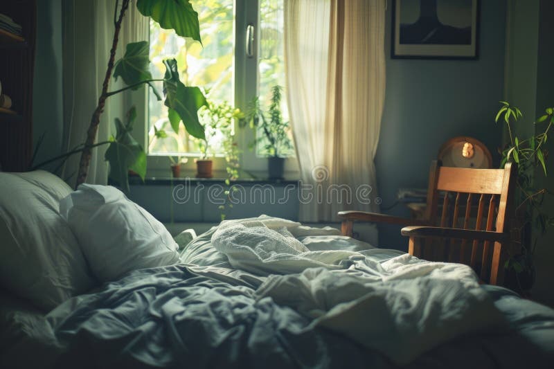 Messy Unmade Bed in a Bedroom with a Plant in the Window. Suitable for ...