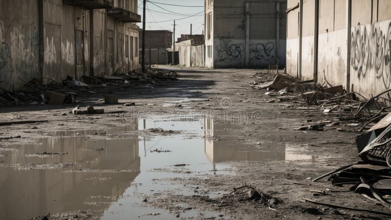 A Messy Urban Scene with a Street Covered in Mud and Debris. Stock ...