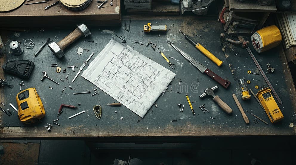 A Messy Workbench with Tools, Nails, and a Blueprint Stock Illustration ...