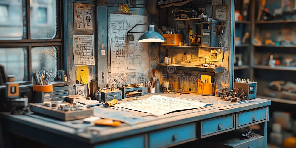 A Messy Workbench with Tools, Papers, and a Lamp in a Cluttered ...