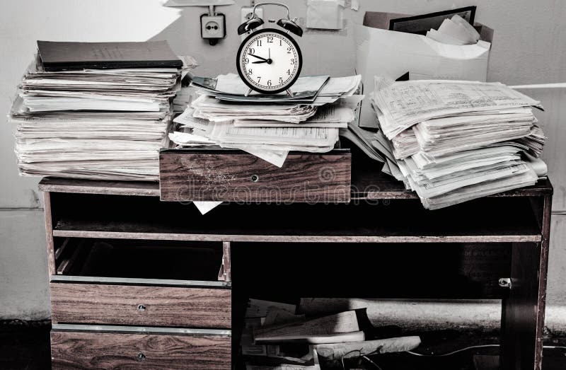 Messy Workplace and Alarm Clock Stock Photo - Image of file, bell: 74086496