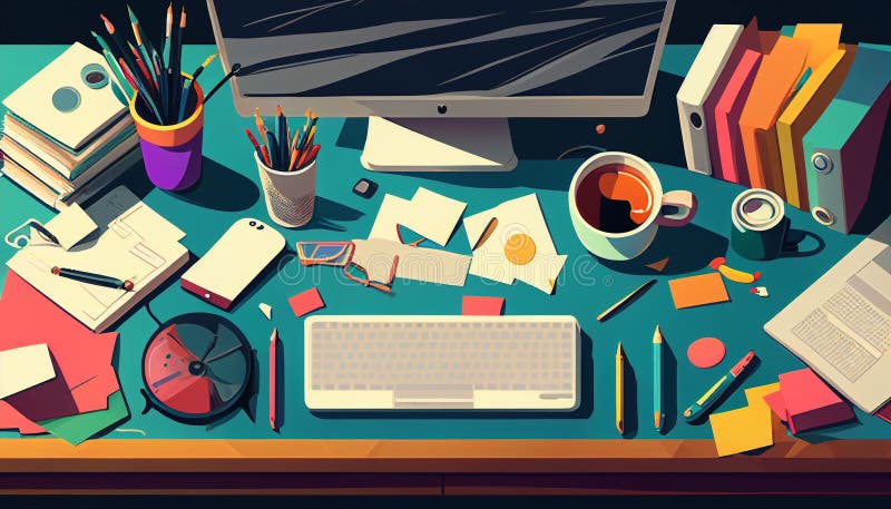 Messy Workplace Top View Clutter Office Desk Flat Art V1 Stock Vector ...