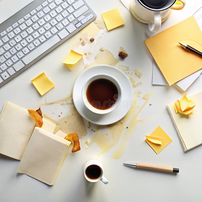 Messy Workspace with Coffee Spills and Sticky Notes Stock Photo - Image ...