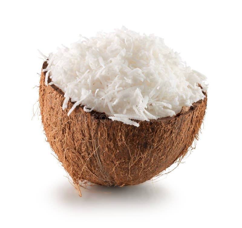 Metade Do Coco Com Os Flocos Do Coco Isolados No Backgr Branco Foto de ...
