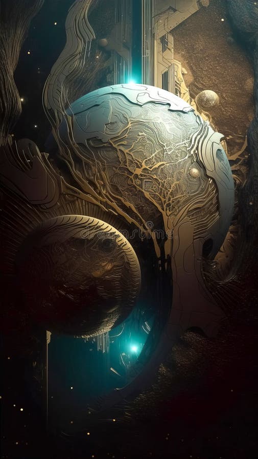 Metal Abstract Object Tree in Space Structure from Waves, Particles ...