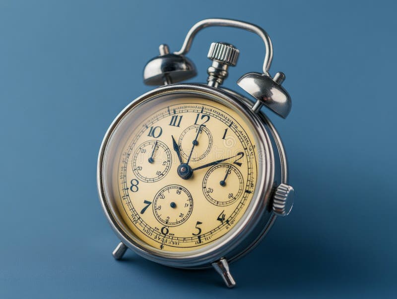 Generative Ai, Metal Alarm Clock, White Vintage Alarm Isolated on Blue ...