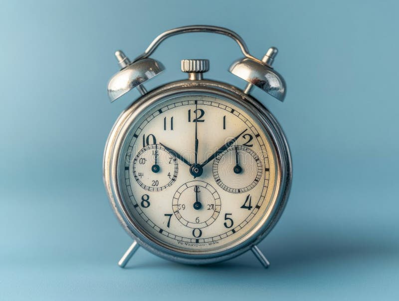 Generative Ai, Metal Alarm Clock, White Vintage Alarm Isolated on Blue ...