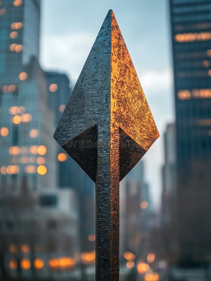 Metal Arrow Sculpture in City with Blurred Lights Stock Image - Image ...