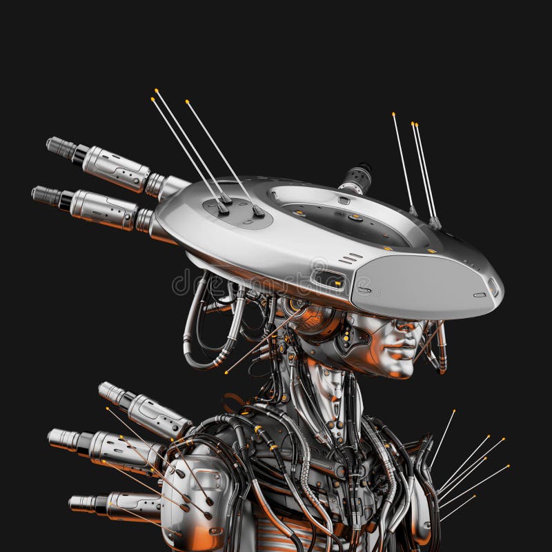 Silver Robot with Huge Ai Brain Hat, 3d Rendering Stock Illustration ...