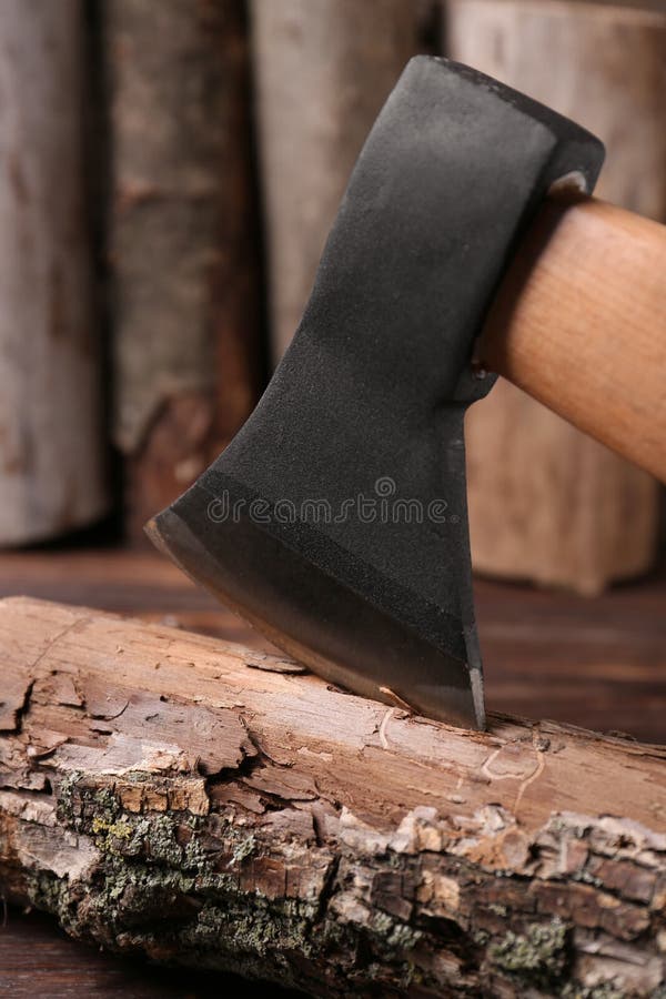 Metal Axe in Wooden Log on Table, Closeup Stock Image - Image of shape ...