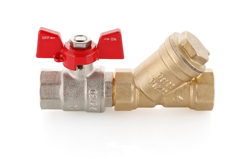 Metal Ball Valve with a Coarse Filter, with a Red Handle on a White ...