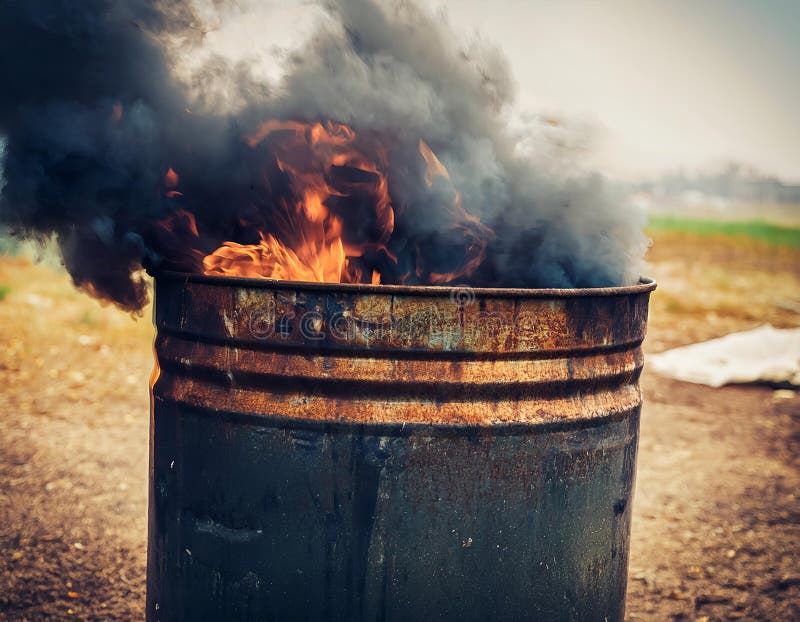 A Metal Barrel Burning with Thick Black Smoke, Surrounded by Open ...