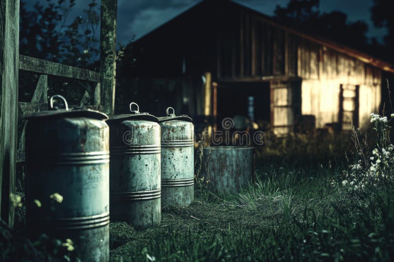 Metal Barrels Near Barn stock image. Image of supplies - 376489513