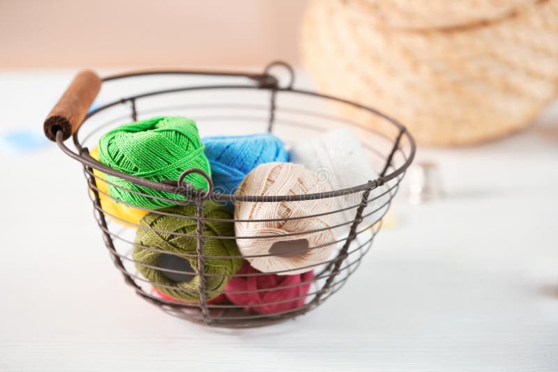 Metal Basket with Knitting Threads Stock Image - Image of background ...