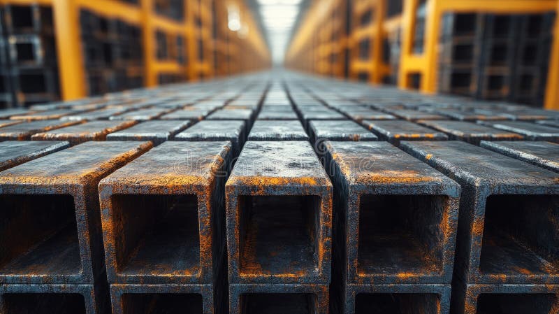 Metal Beams Stacked in an Industrial Warehouse. Stock Image - Image of ...