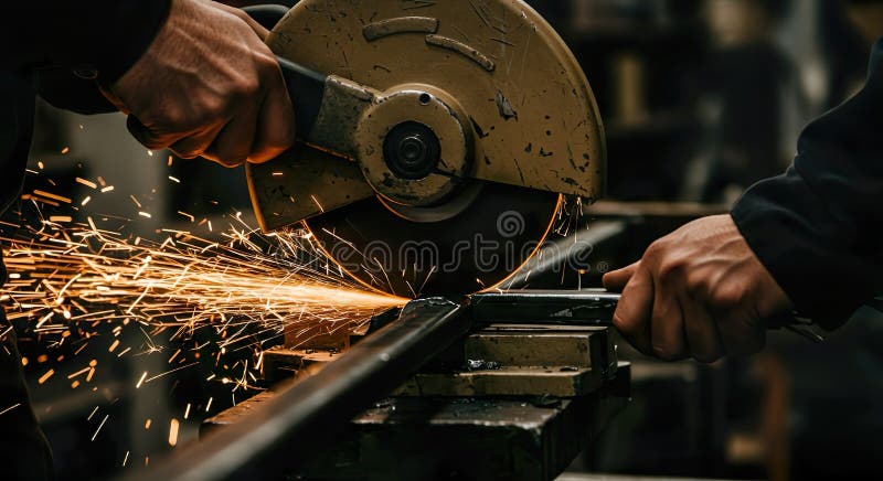 Metal Being Cut by a Worker with Sparks Flying in a Workshop Stock ...