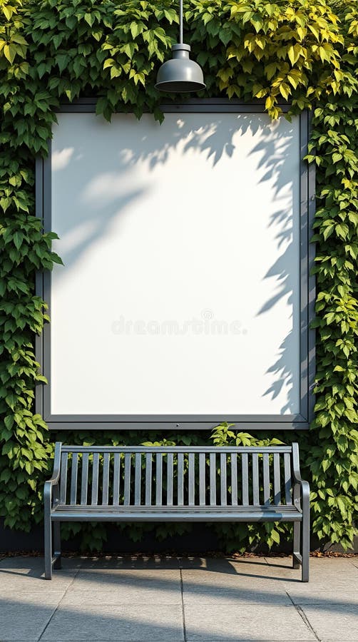 Metal Bench in Front of Lush Green Wall with Advertising Space Stock ...
