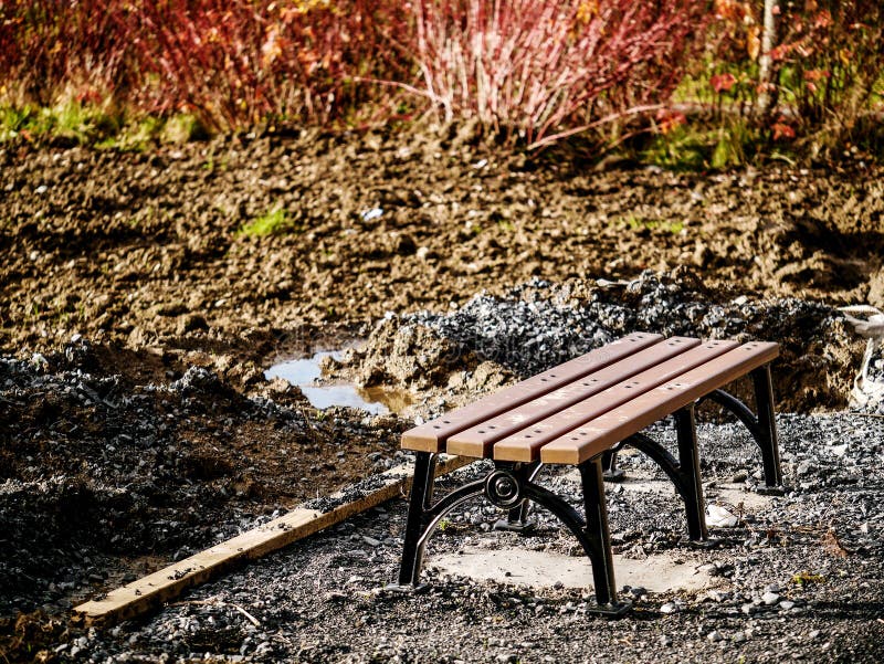 Metal Bench Installed, Park Renovation. Ground Work in Progress Stock ...