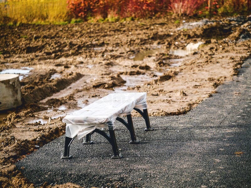 Metal Bench Installed, Park Renovation. Ground Work in Progress Stock ...